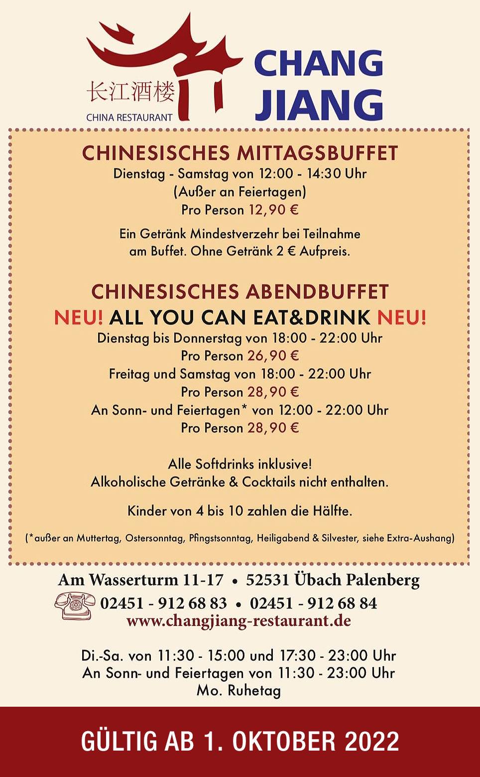 Speisekarte von Chang Jiang restaurant, Übach-Palenberg
