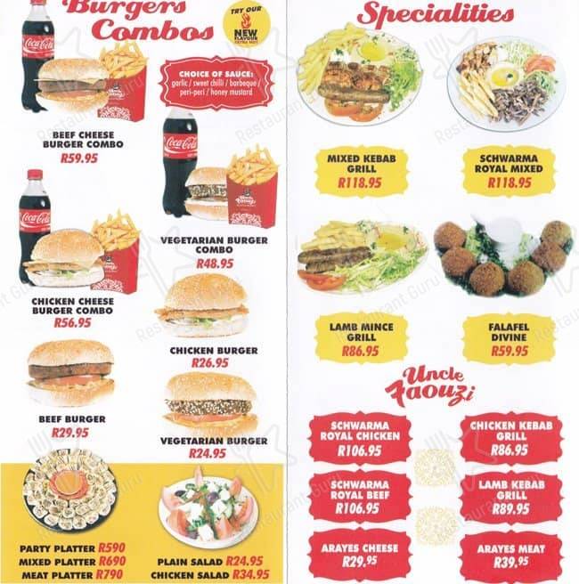 Menu at Uncle Faouzi: Hatfield restaurant, Pretoria, Burnett St