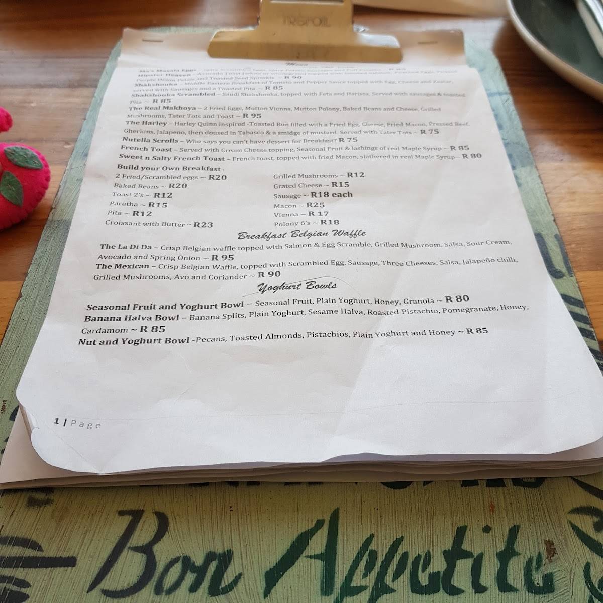 Menu at UpCycled Cafe, Boksburg, Atlas Junction A0