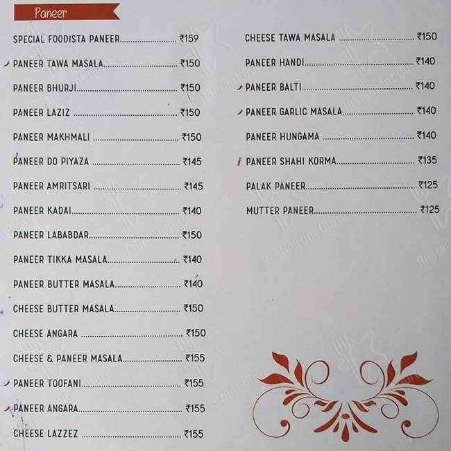 Menu at Foodista Restaurant, Vadodara, Gorrwa Refinery Road