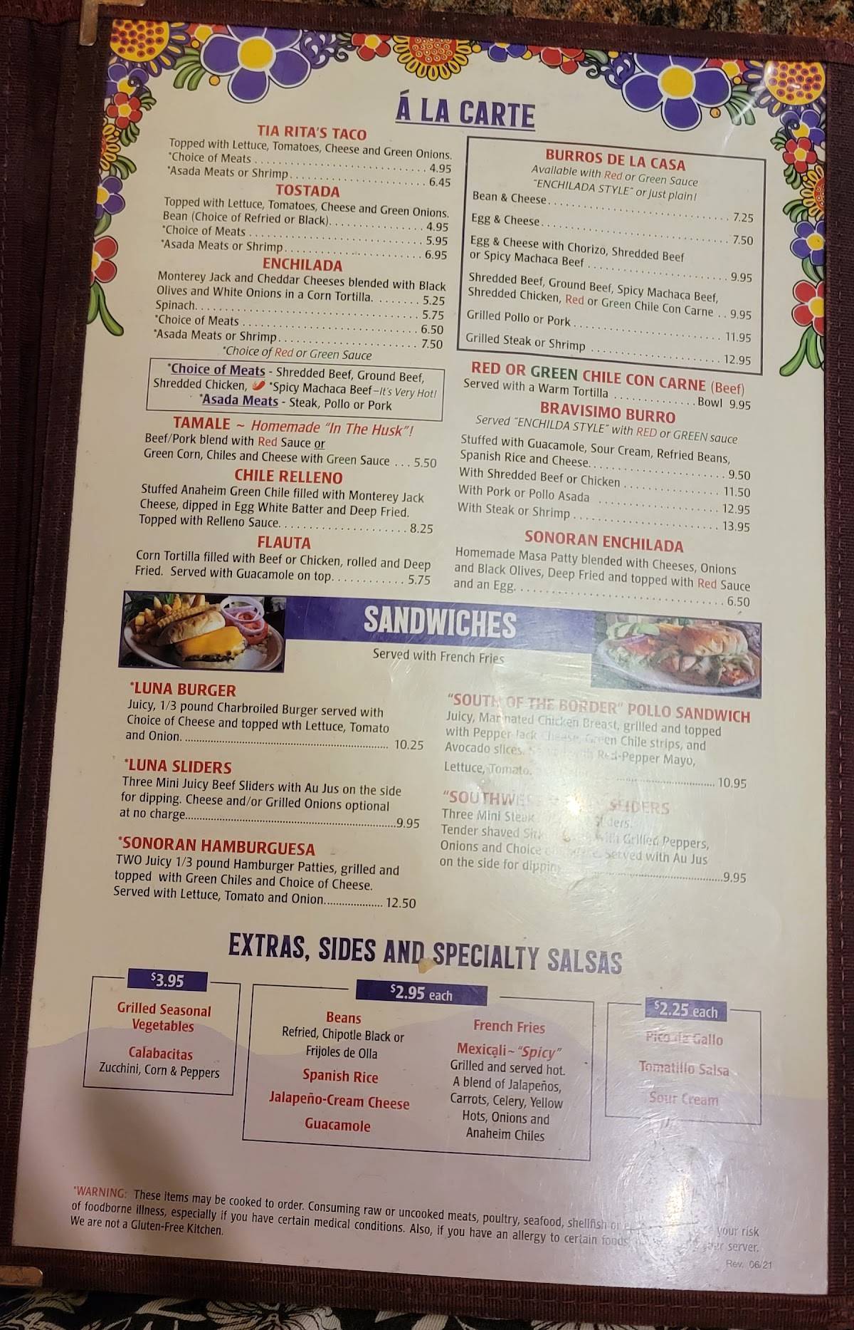 Menu at Valle Luna restaurant, Phoenix, W Bell Rd