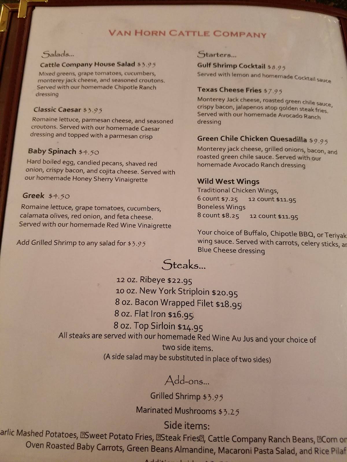 Menu at Van Horn Cattle Company steakhouse, Van Horn