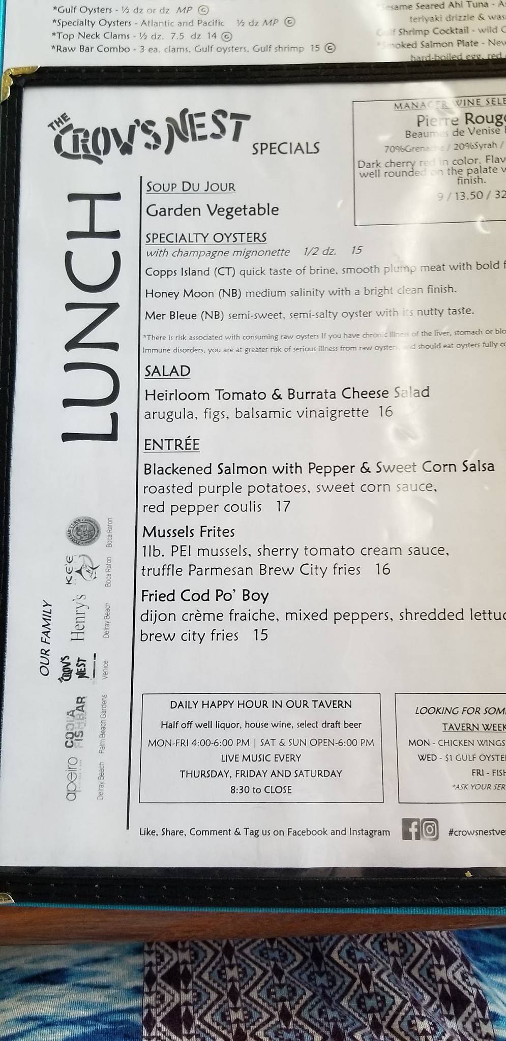 Menu at Crow's Nest Restaurant, Tavern & Marina, Venice