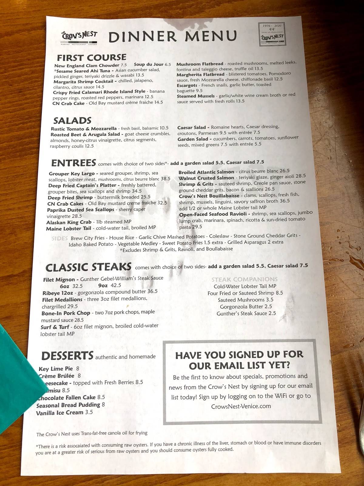 Menu at Crow's Nest Restaurant, Tavern & Marina, Venice