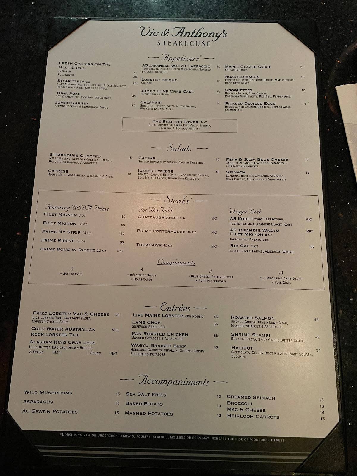 Menu at Vic & Anthony's Steakhouse, Las Vegas