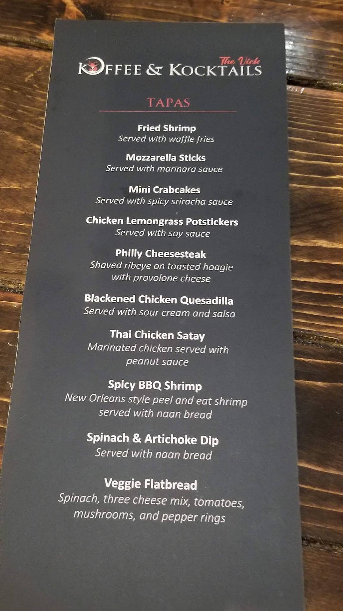 Menu at "The Vick" Vickers Koffee & Kocktails restaurant, Roswell