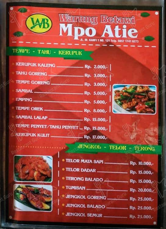 Menu at Warung Betawi Mpo Ati restaurant, South Jakarta