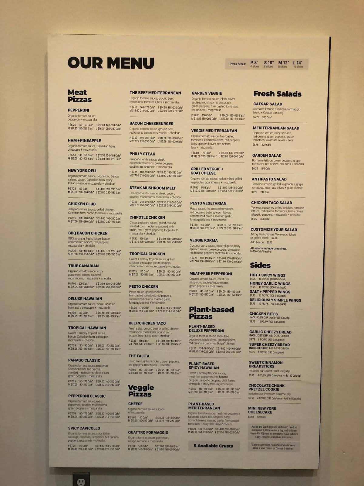 Menu au Panago Pizza pizzeria, Waterloo