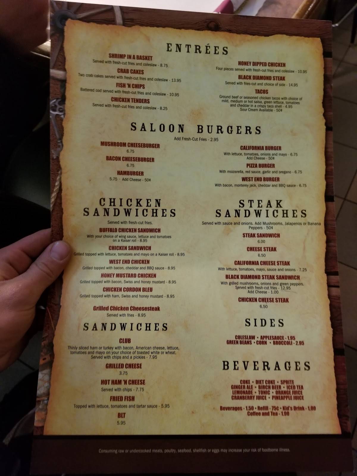Menu at West End Saloon pub & bar, Palmerton