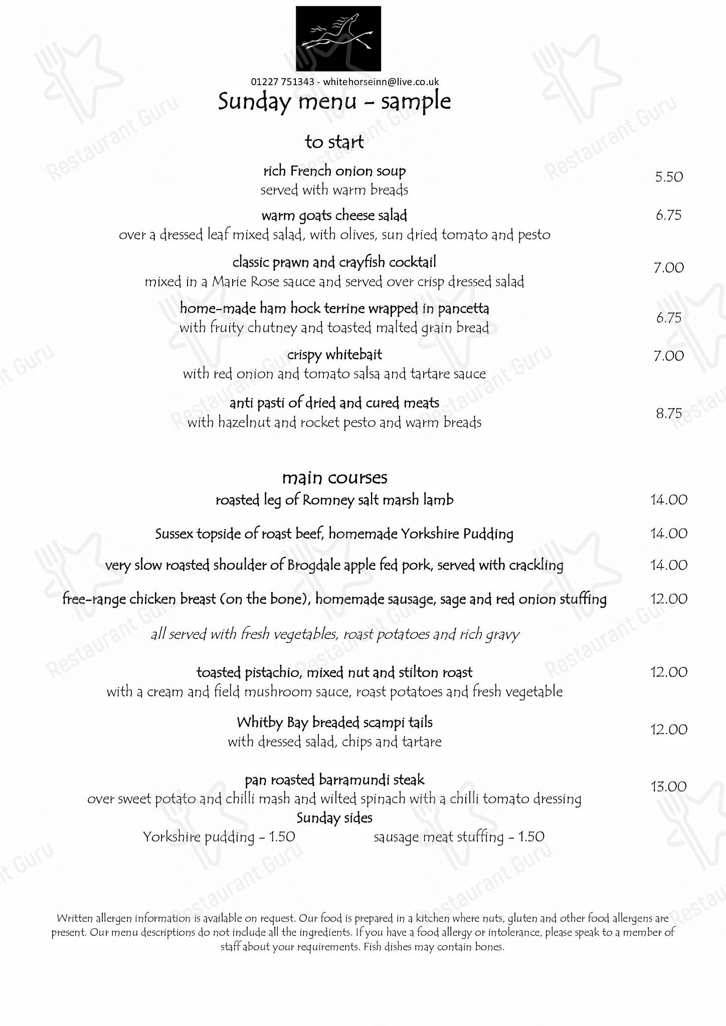 Menu at The White Horse pub & bar, Boughton-under-Blean