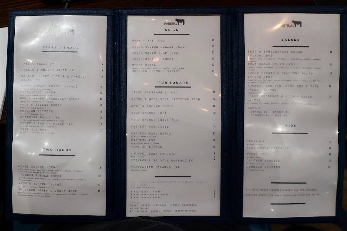 Menu at Whitebull Hotel pub & bar, Armidale