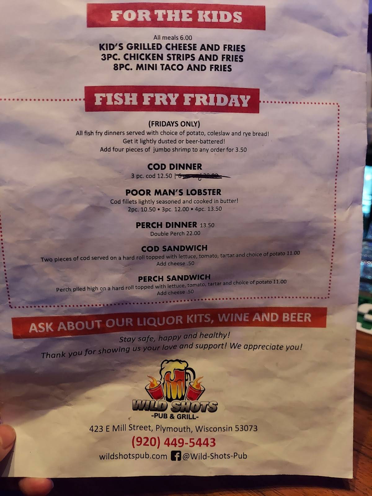 Menu at Wild Shots Pub, Plymouth