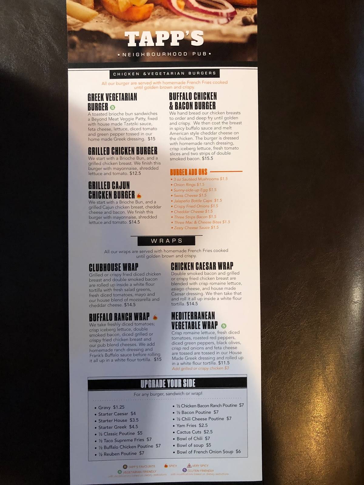 Menu at Tapp's Neighbourhood Pub, Winnipeg