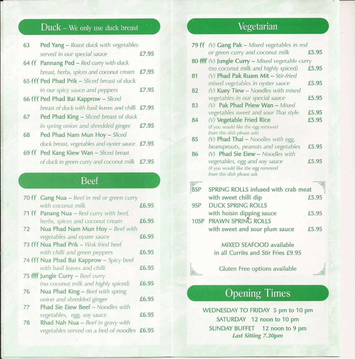 Menu at Y'Thai restaurant, Stokesley