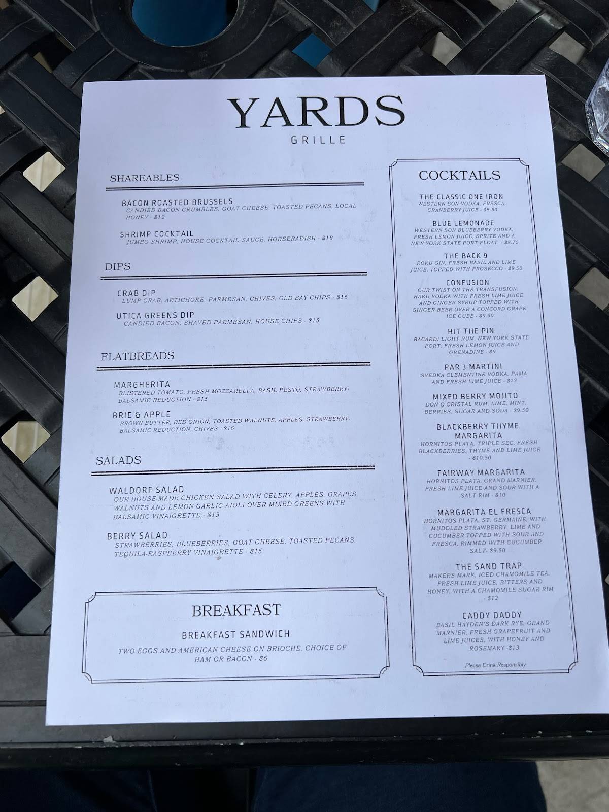 Menu at Yards Grille restaurant, Fayetteville