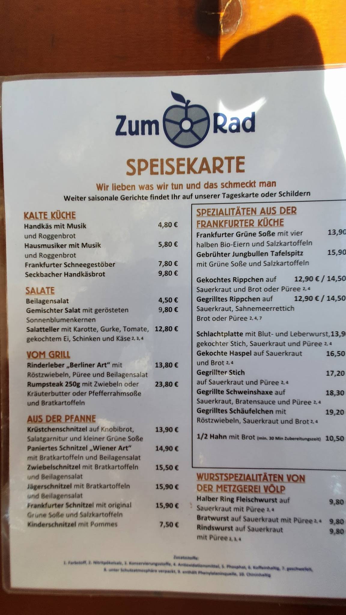 Speisekarte von Zum Rad restaurant, Frankfurt am Main