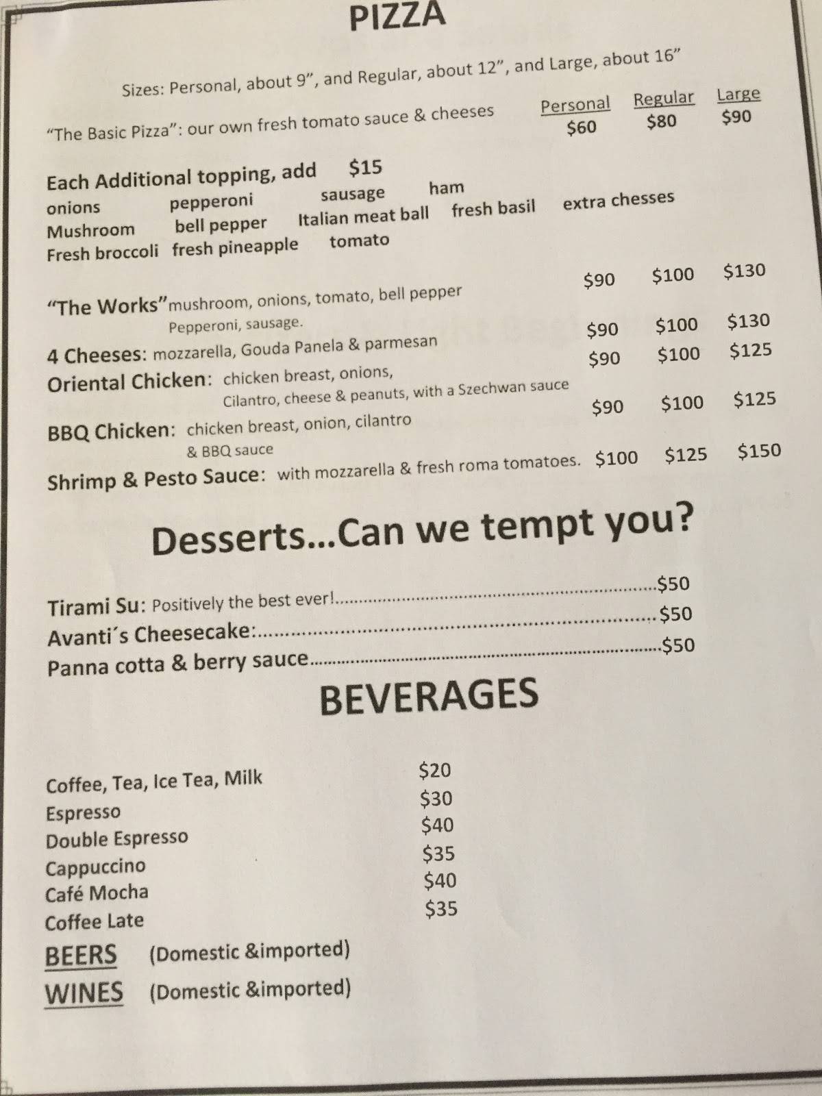 Menu at avanti trattoria restaurant, La Peñita de Jaltemba