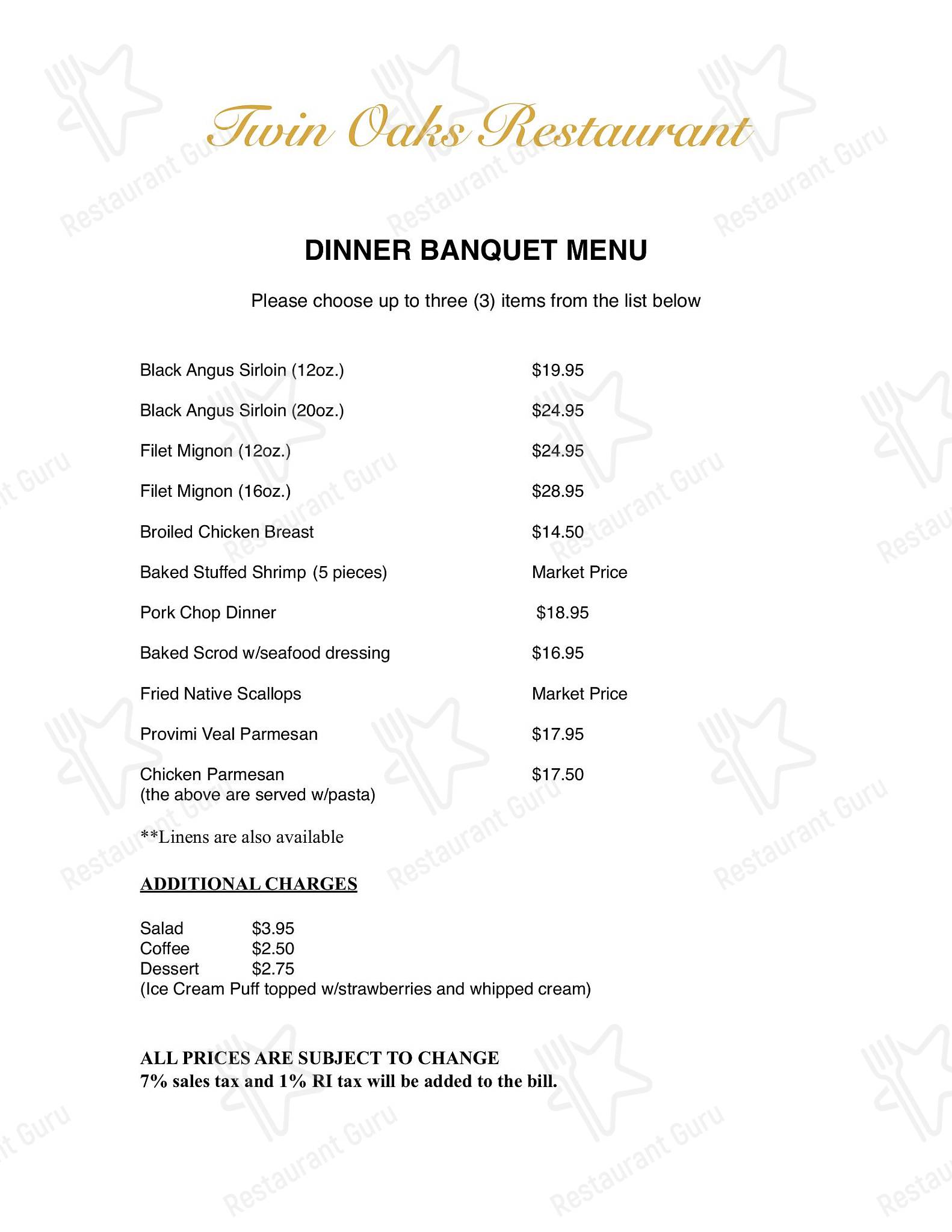 Menu at Twin Oaks Restaurant, Cranston