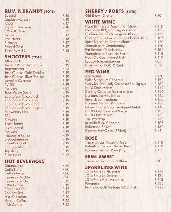 Menu at Barnyard Theatre, Randburg