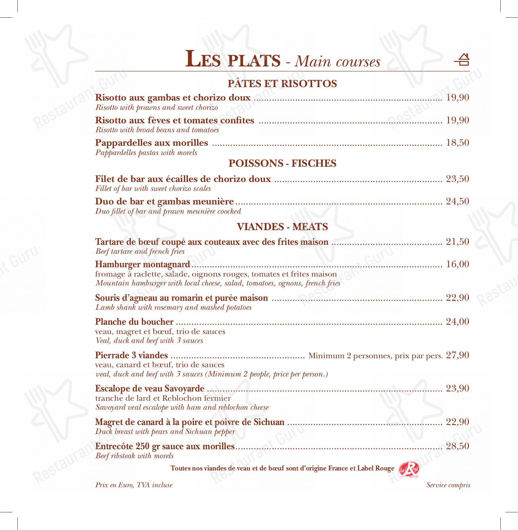 Menu au Restaurant La Caleche Rmt SARL, La Clusaz