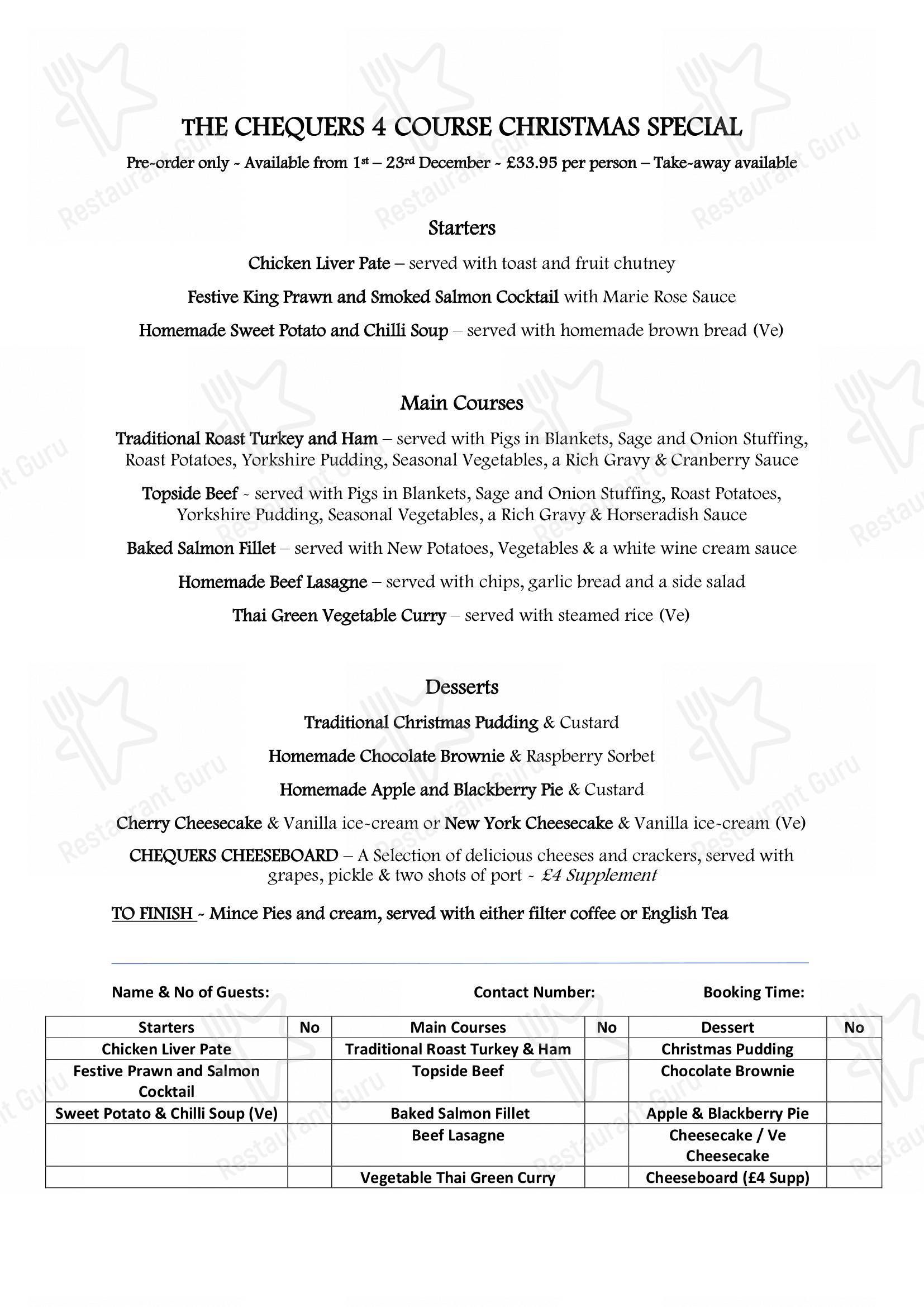 Menu at The Chequers pub & bar, Chelmsford