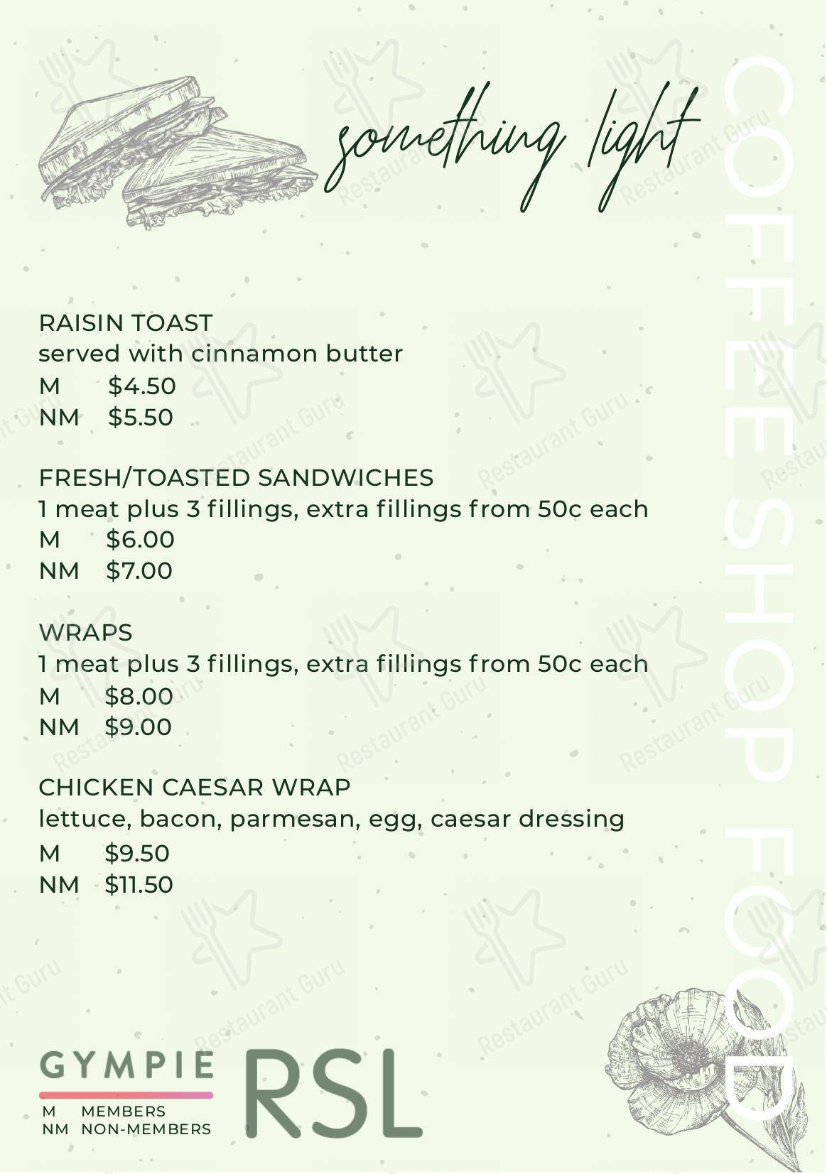 Menu at Gympie RSL Club, Gympie