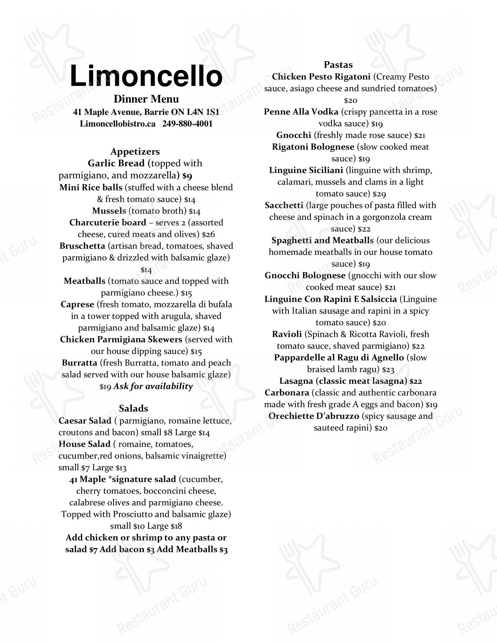 Menu at Limoncello Bistro restaurant, Barrie
