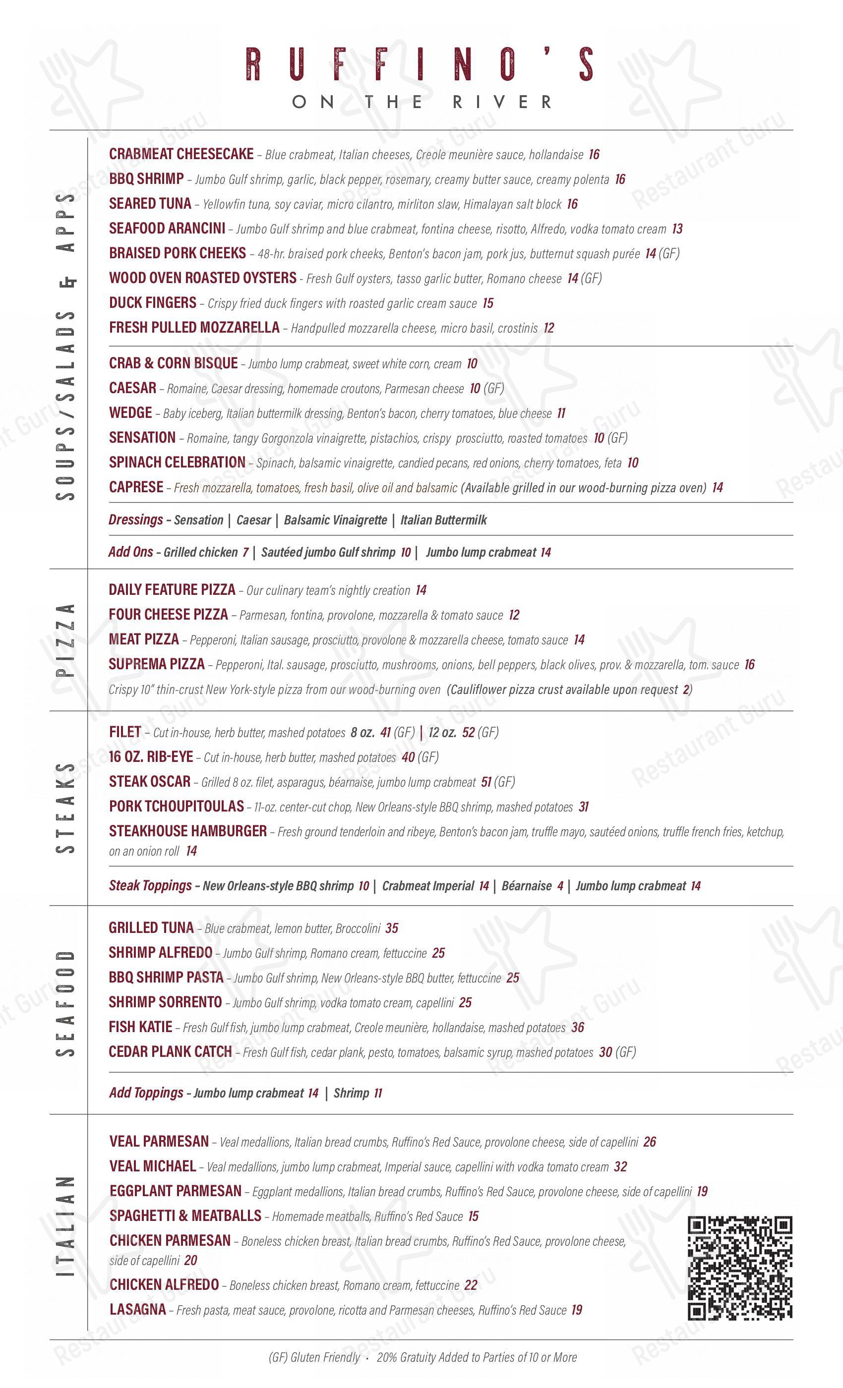 Menu at Ruffino's On The River steakhouse, Lafayette