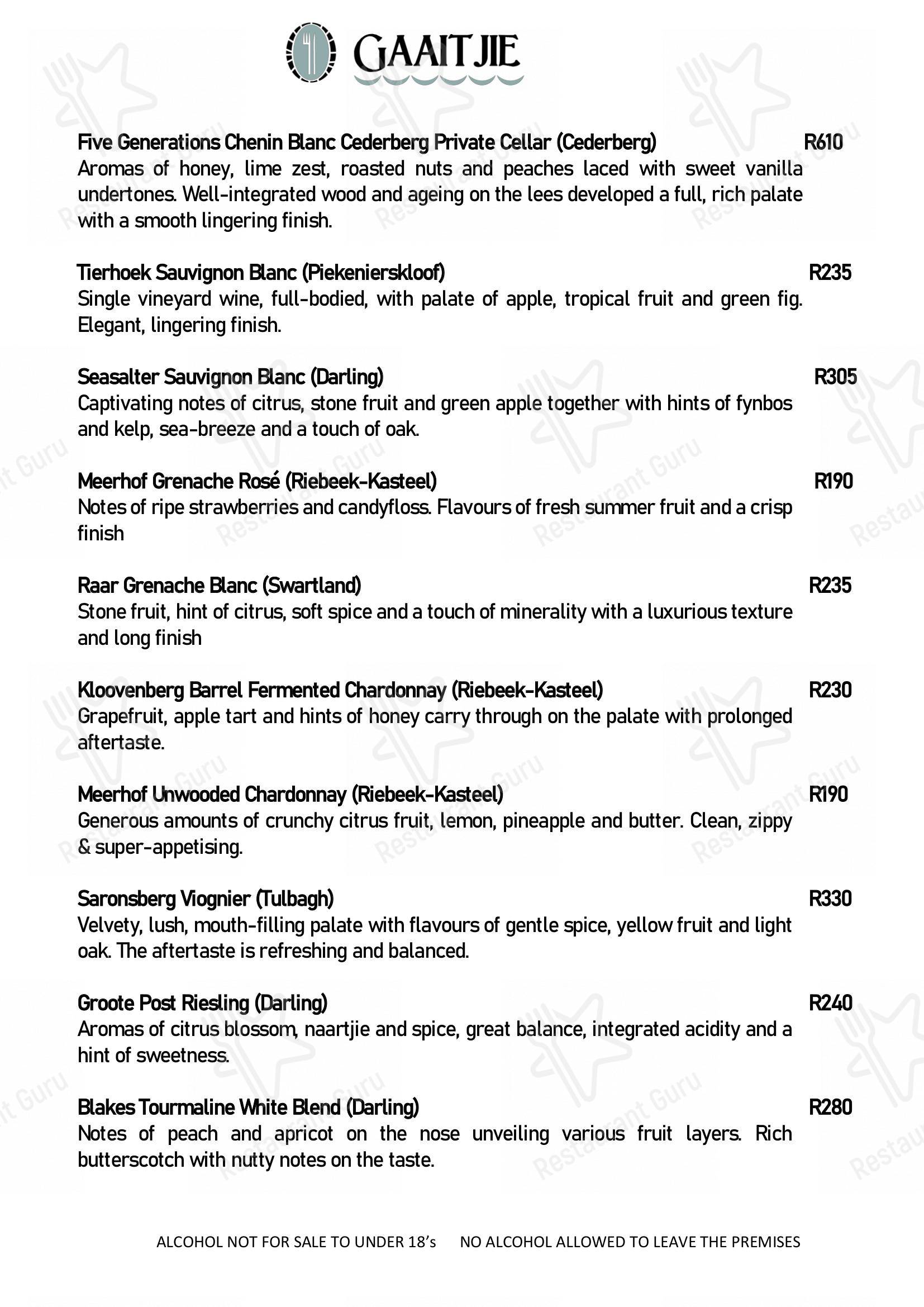 Menu at Die Gaaitjie Restaurant Paternoster, Paternoster