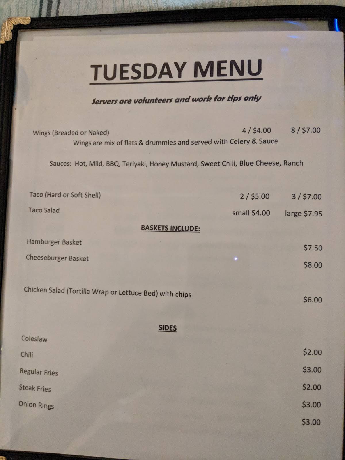Menu at eagles club, Englewood