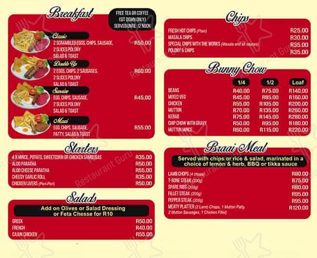 Menu at Billal Cuisine North Beach Branch restaurant, Durban