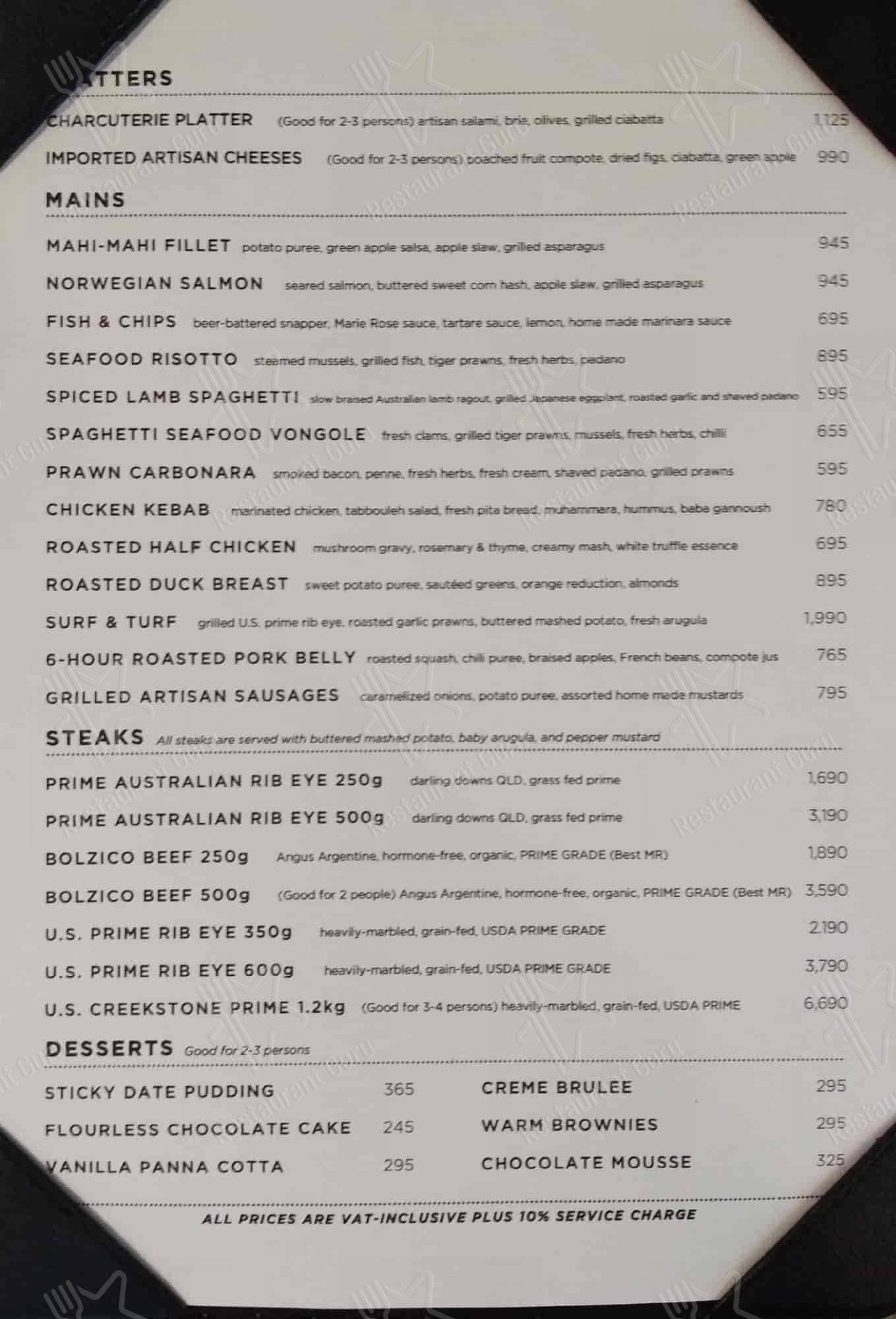 Menu at Bondi & Bourke steakhouse, Makati, Cattleya Condominium