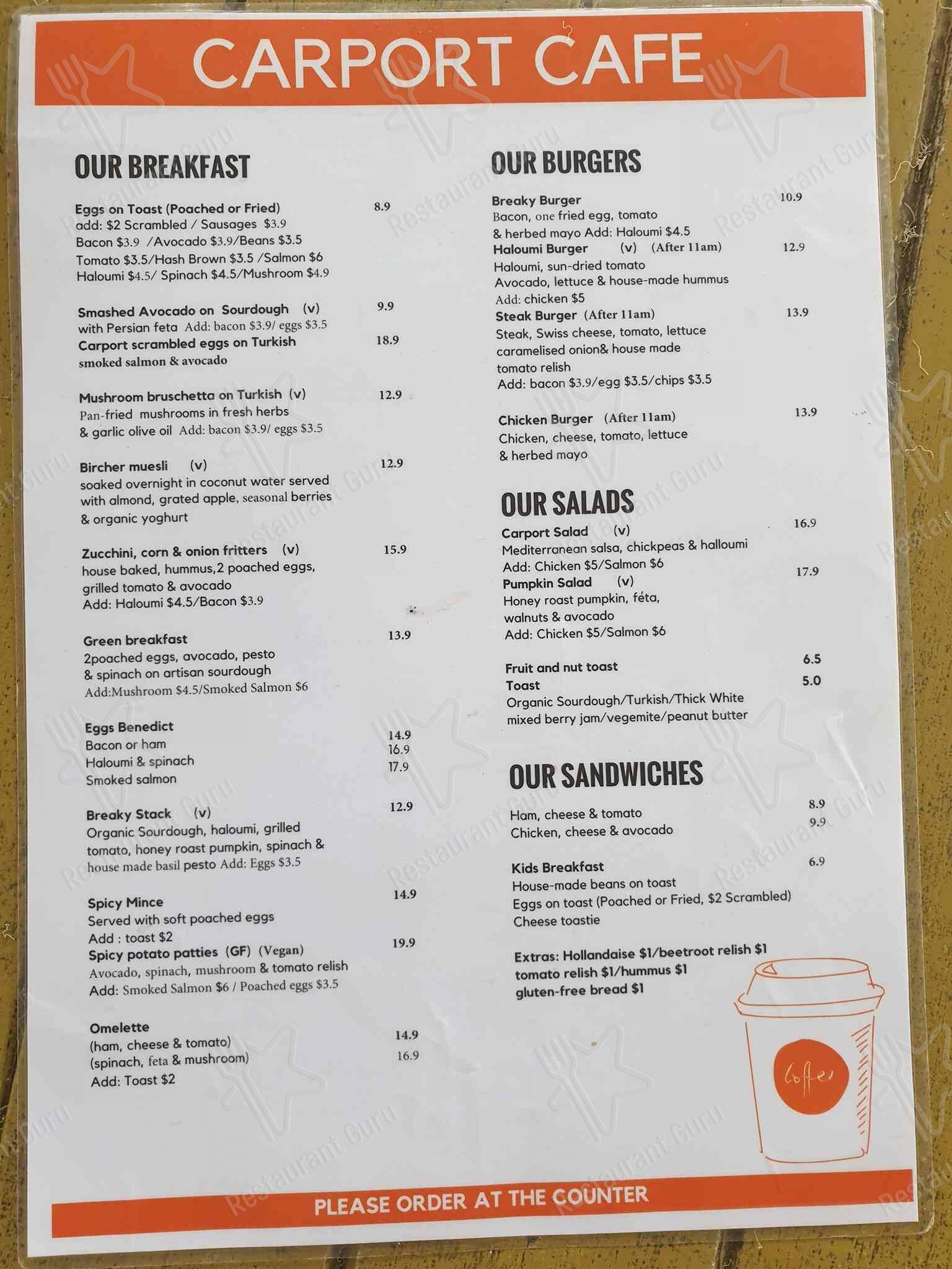 Menu at Carport Cafe, Cannon Hill