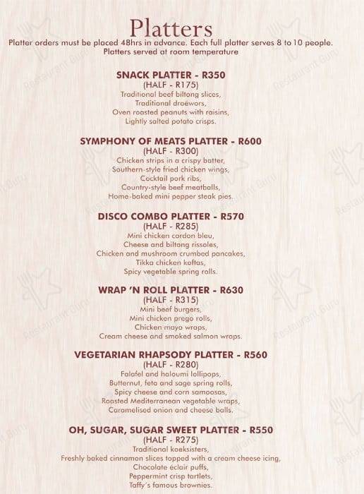 Menu at Barnyard Theatre, Randburg