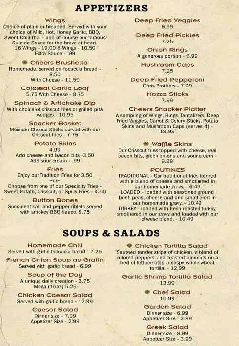 Menu at Cheers Beverage Room & Catering pub & bar, Moncton