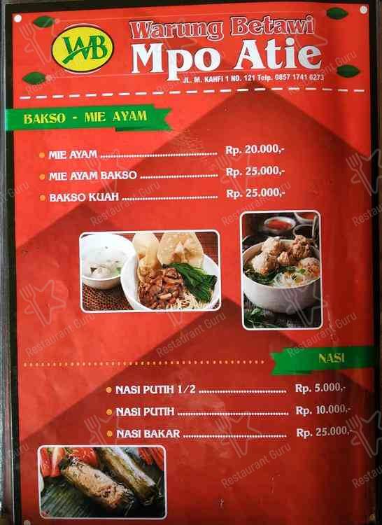 Menu at Warung Betawi Mpo Ati restaurant, South Jakarta