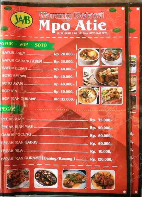 Menu at Warung Betawi Mpo Ati restaurant, South Jakarta