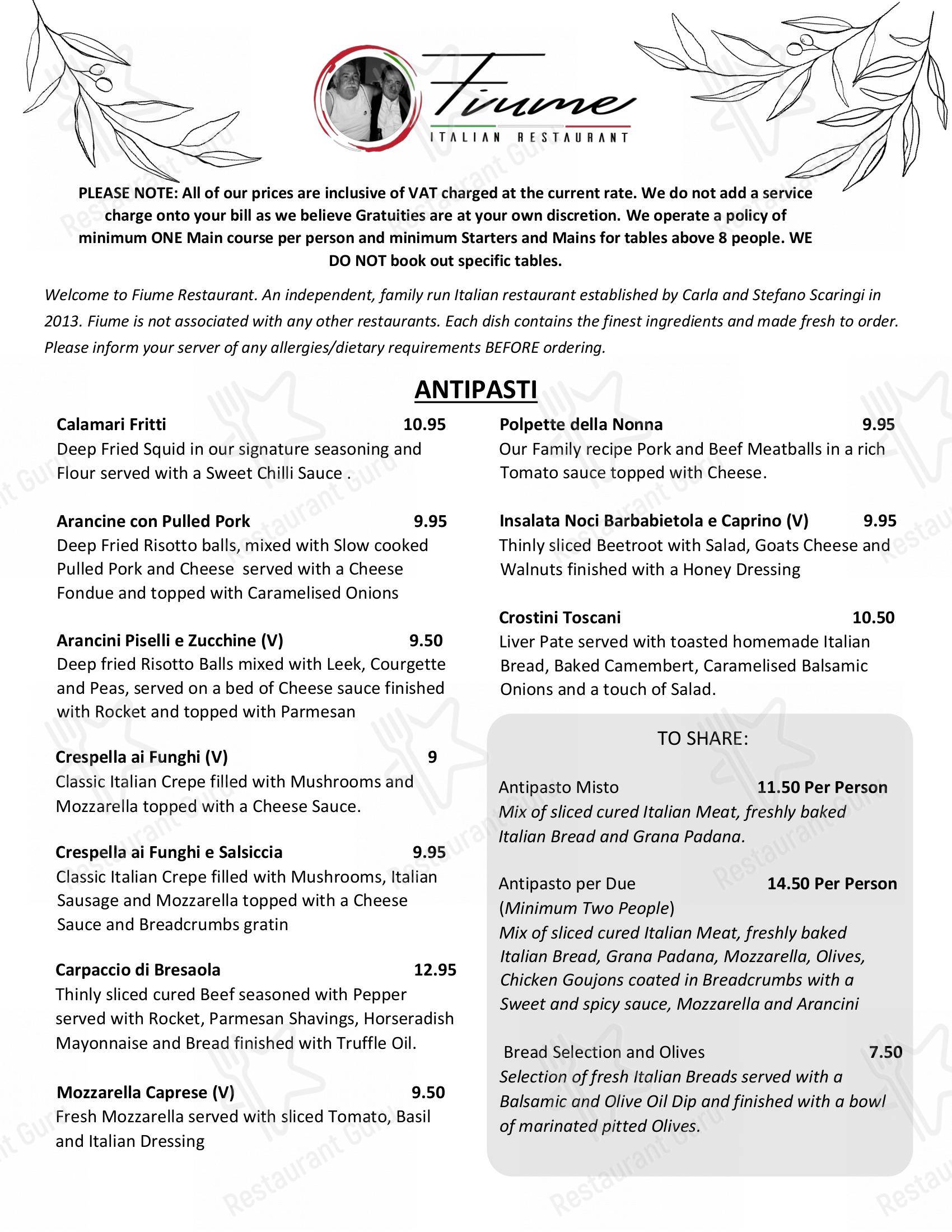Menu at Fiume Italian Bar & Restaurant, Wolverhampton