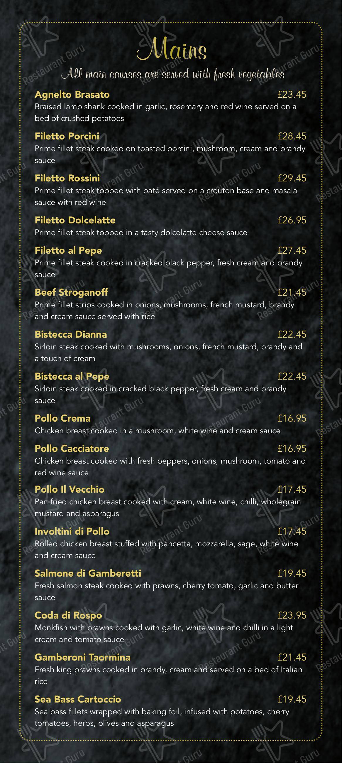 Menu at Il Vecchio restaurant, Heywood, 141 Manchester St