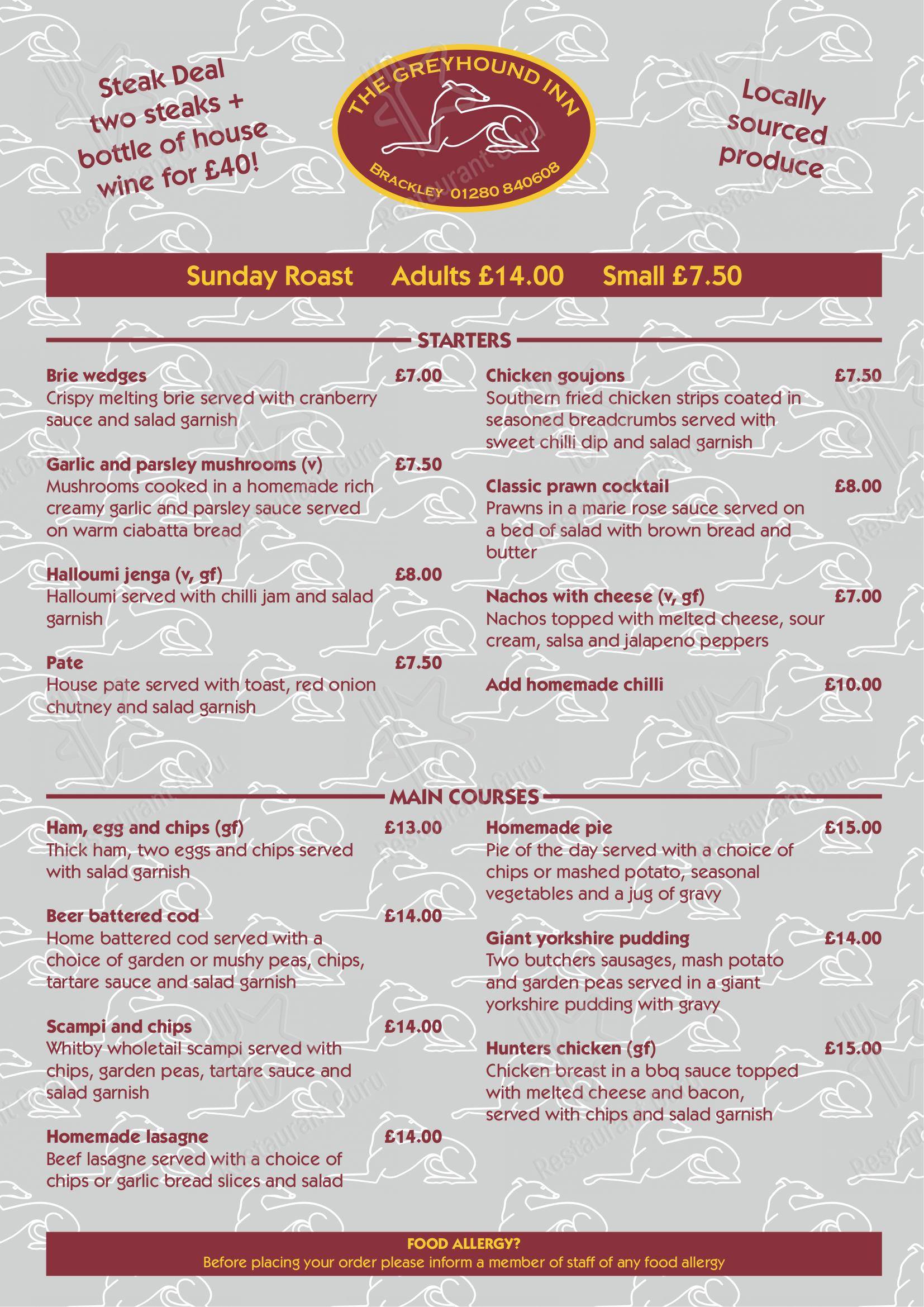 Menu at The Greyhound Inn pub & bar, Brackley