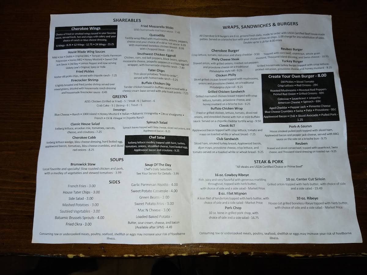 Menu at 238 Cherokee Grill steakhouse, Kings Mountain