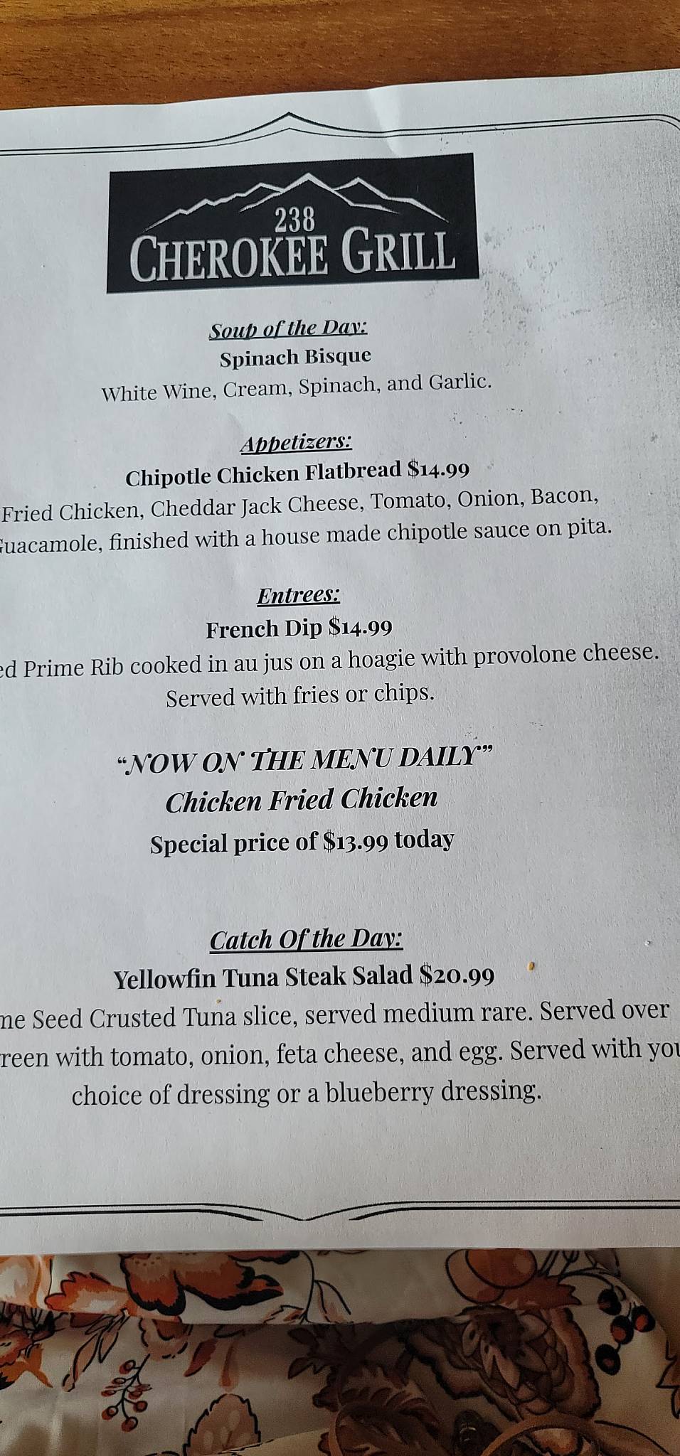 Menu at 238 Cherokee Grill steakhouse, Kings Mountain