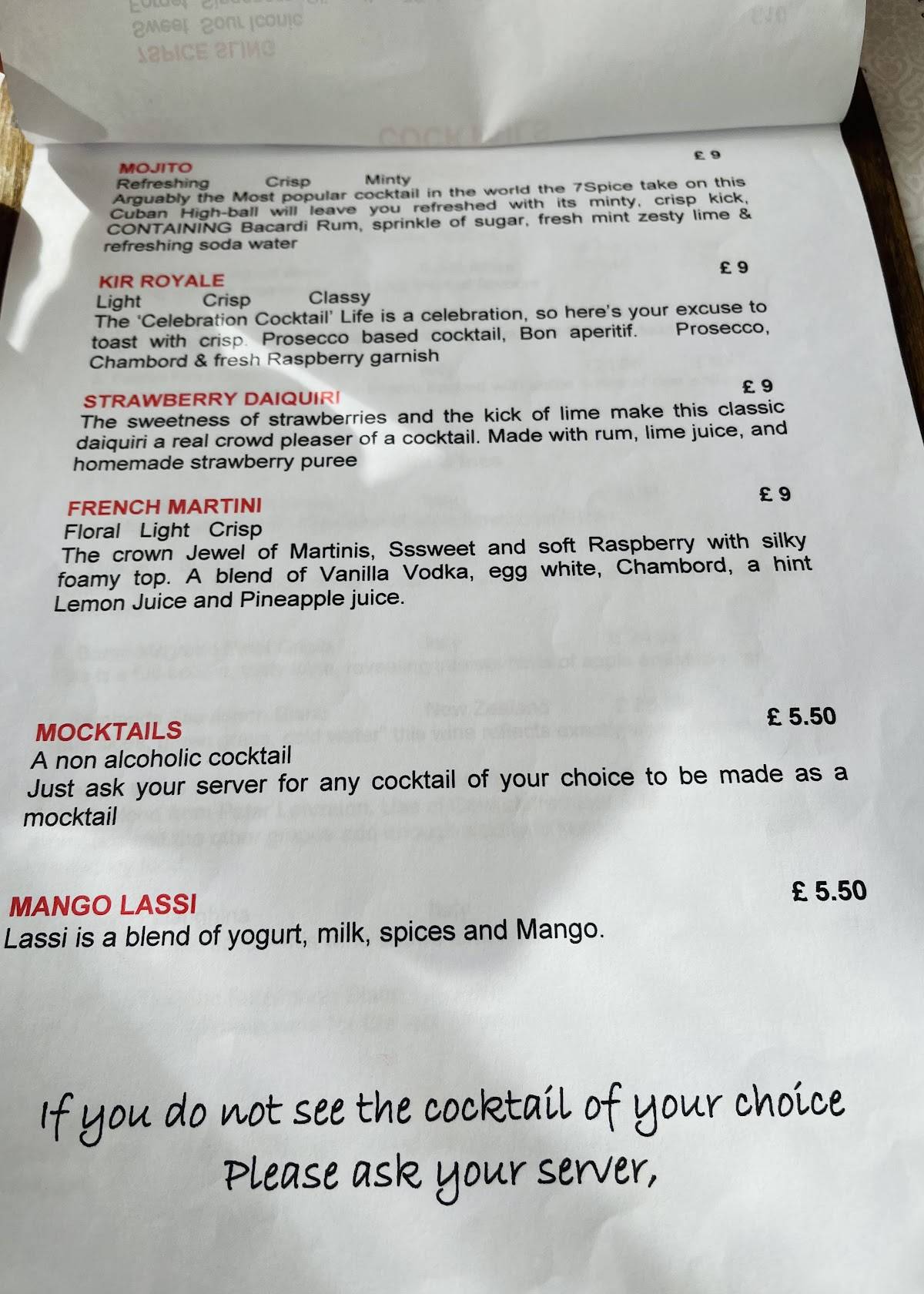 Menu at 7 Spice Belfast restaurant, Belfast, 7 St Anne's Square