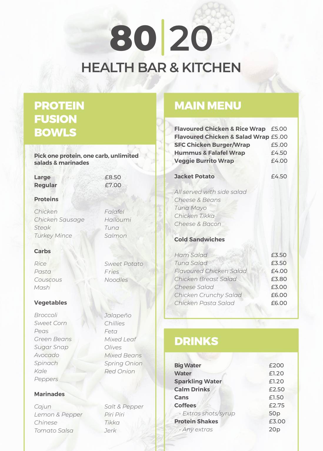 Menu at 80/20 Health Bar & Kitchen, Bolton