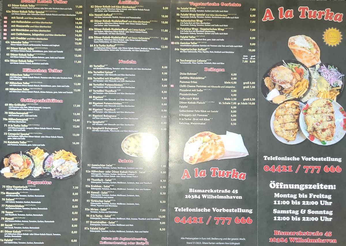Speisekarte von A la Turka restaurant, Wilhelmshaven
