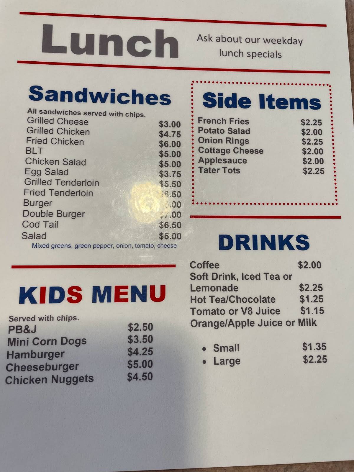 Menu at AJ's Main Street Diner restaurant, Richmond