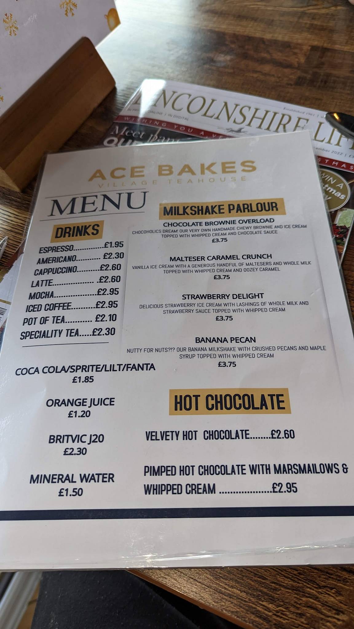 Menu at Ace Bakes Village Teahouse restaurant, Chapel Saint Leonards