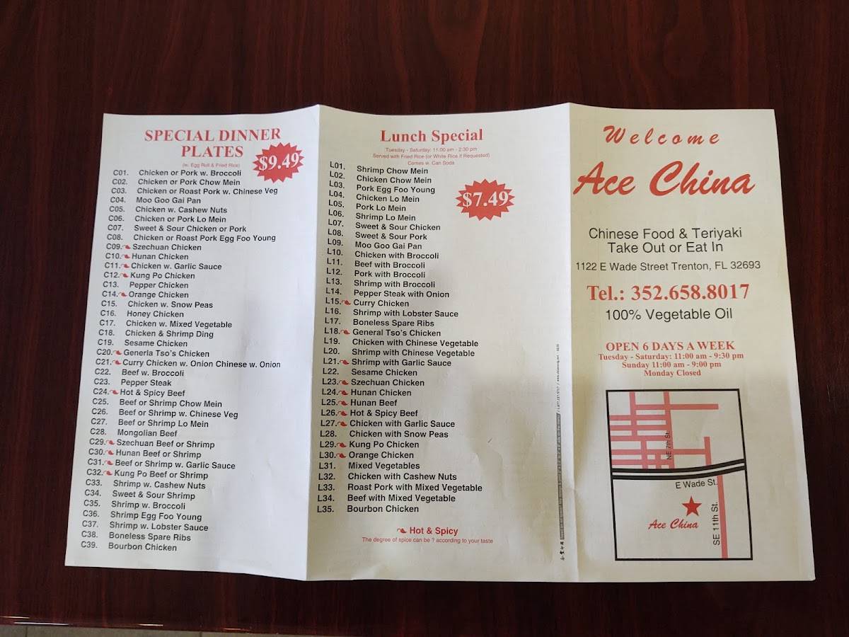Menu at Ace China restaurant, Trenton