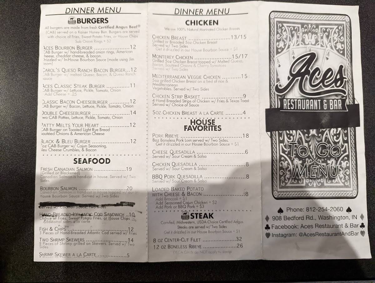 Menu at Aces Restaurant and Bar, Washington