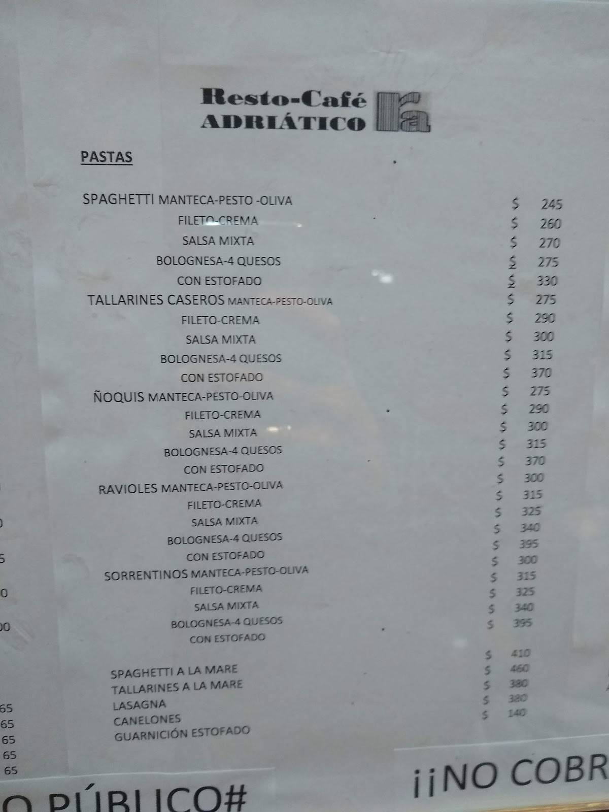 Carta de Adriatico Resto Café, Mar del Plata